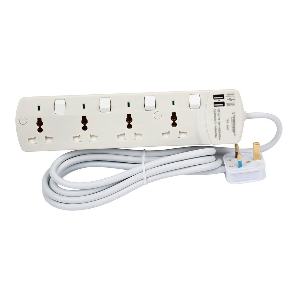 Terminator Power Extension 4 Socket 2 USB Charging Ports with 3 Meter ...